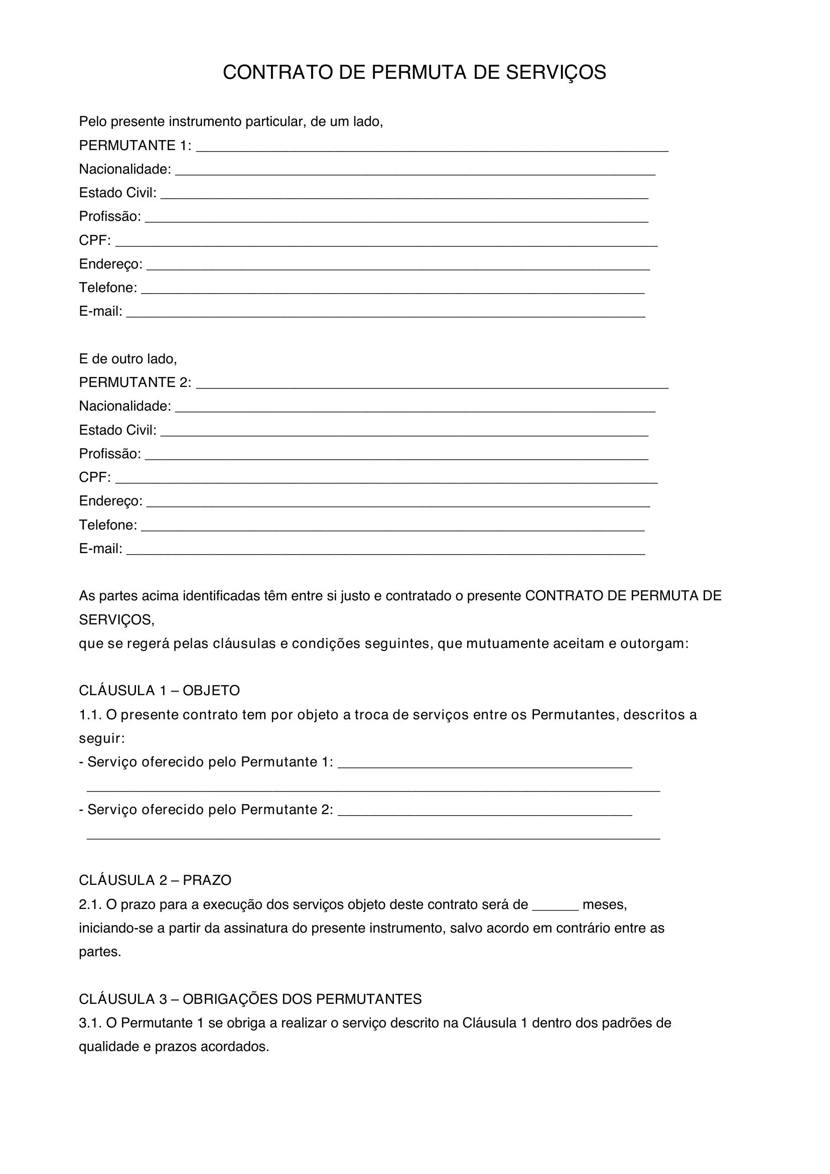 Modelo De Contrato De Permuta De Serviços